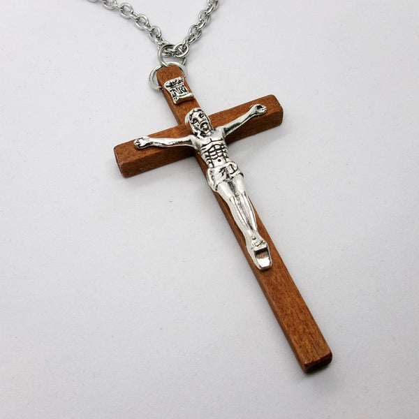 Kelly's Simple Large Wood Crucifix Necklace - Ad Crucem